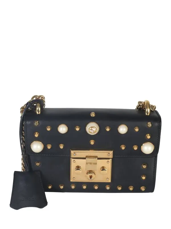 Gucci Calfskin Pearl Gg Stud Padlock Shoulder Bag - Black
