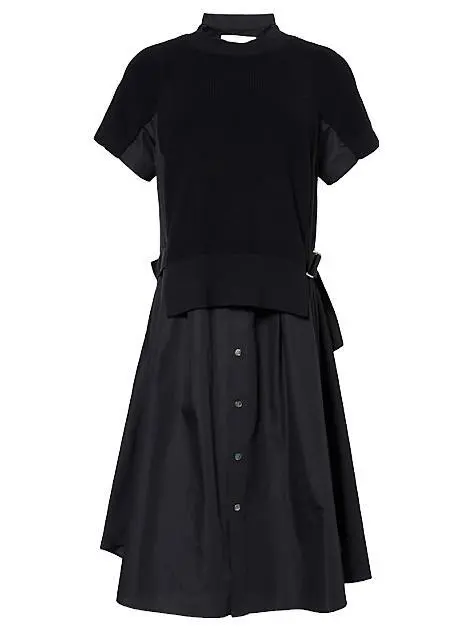 Sacai Contrast-knit Cotton-poplin Maxi Dress - Black