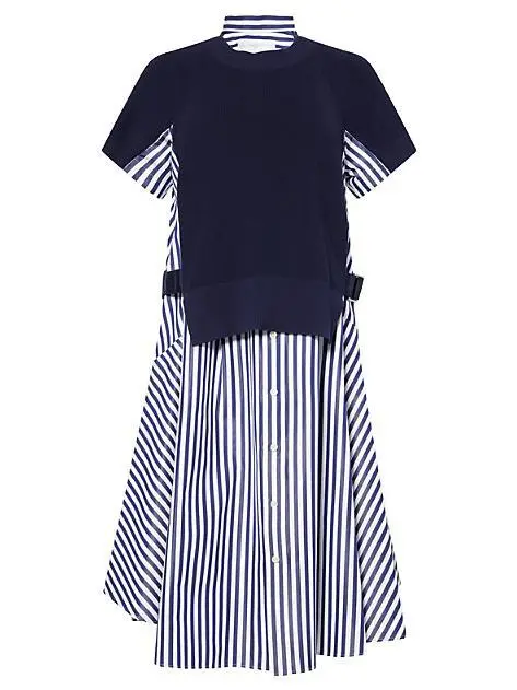 Sacai Contrast-knit Cotton-poplin Maxi Dress - Navy