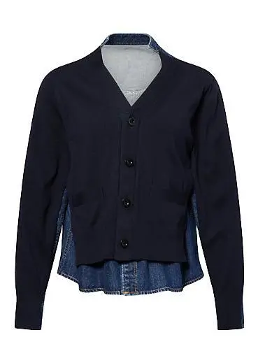 Sacai Contrast Denim V-neck Cotton-blend Cardigan - Blue