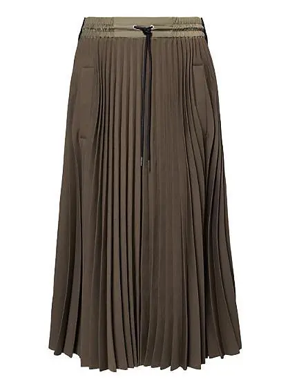 Sacai Pleated Drawstring Woven Midi Skirt - Khaki