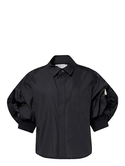 Sacai Woven Cropped Shirt With Puffed Short Sleeves - Black