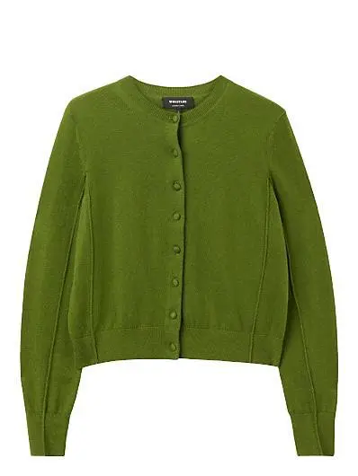 Whistles Crewneck Buttoned Wool And Cotton-blend Cardigan - Green