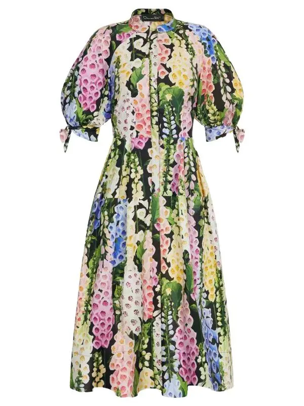 Oscar De La Renta Foxglove Puff Sleeve Floral Print Midi Dress - Black