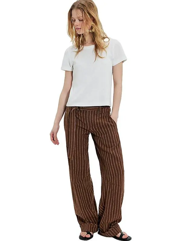Free People Pinstriped Linen Blend Trousers - Chocolate Combo