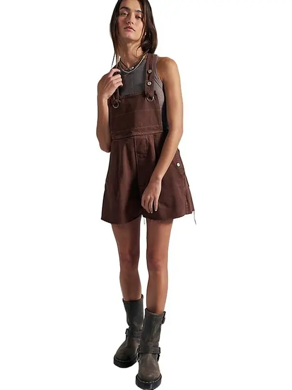 Free People We The Free Rambler Denim Shortalls - Hot Chocolate