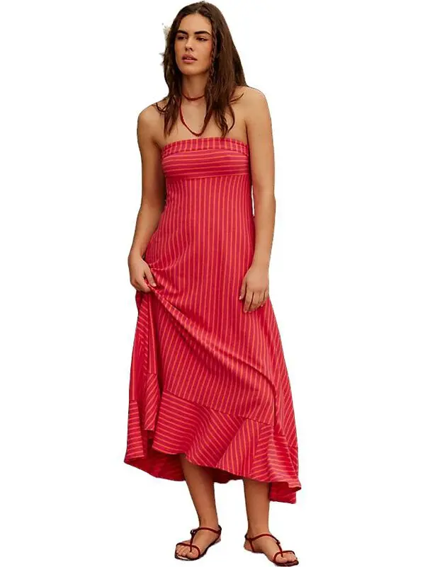 Free People Sadie Striped Midi Dress - Mandarin Red Combo