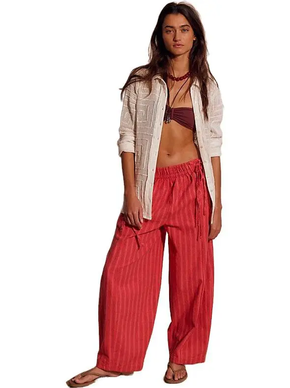 Free People Sun Dazed Cotton-linen Striped Pants - Cherry Combo