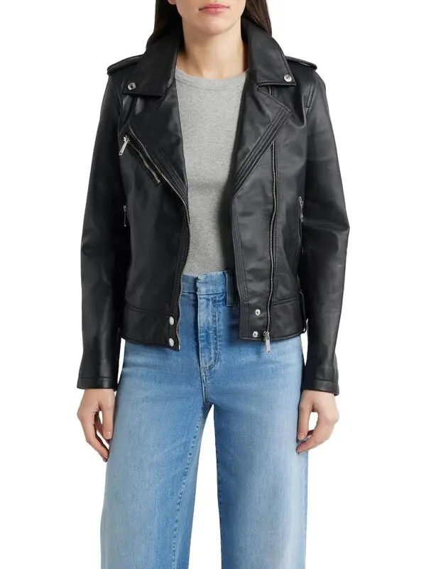 Sam Edelman Trapunto Stitch Leather Moto Jacket - Black