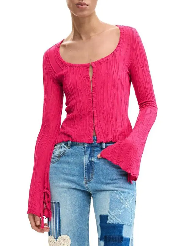 Desigual Tie-cuff Ribbed Crop Top - Fuchsia