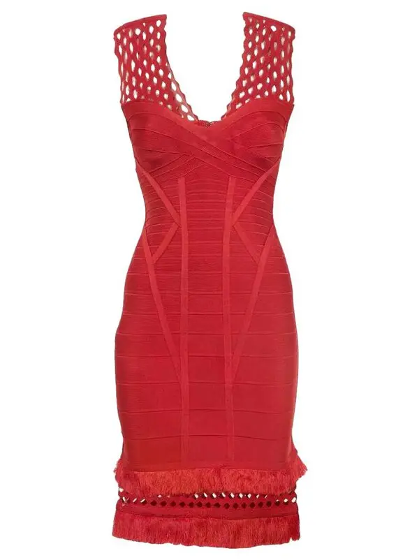 Herve Leger Fringe Knit Midi Dress - Red