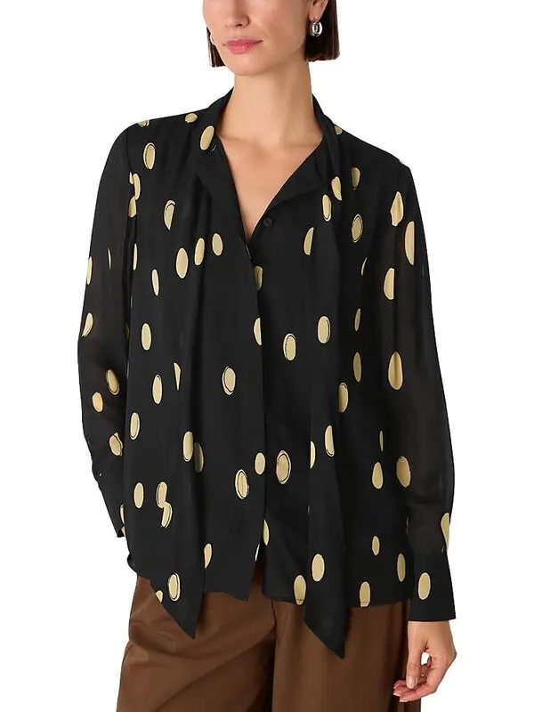 Whistles Abstract Spot Tie Neck Blouse - Black/multi