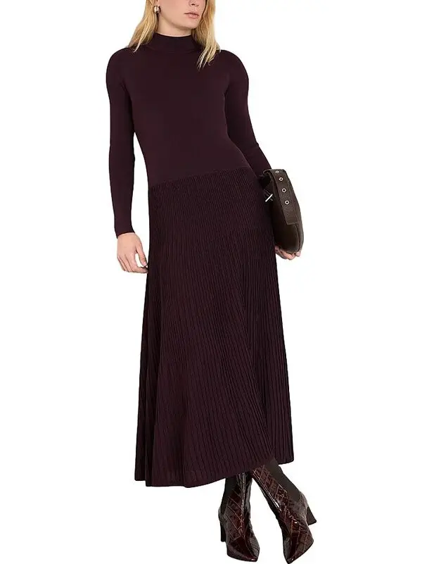 Whistles High Neck Pleat Skirt Dress - Plum