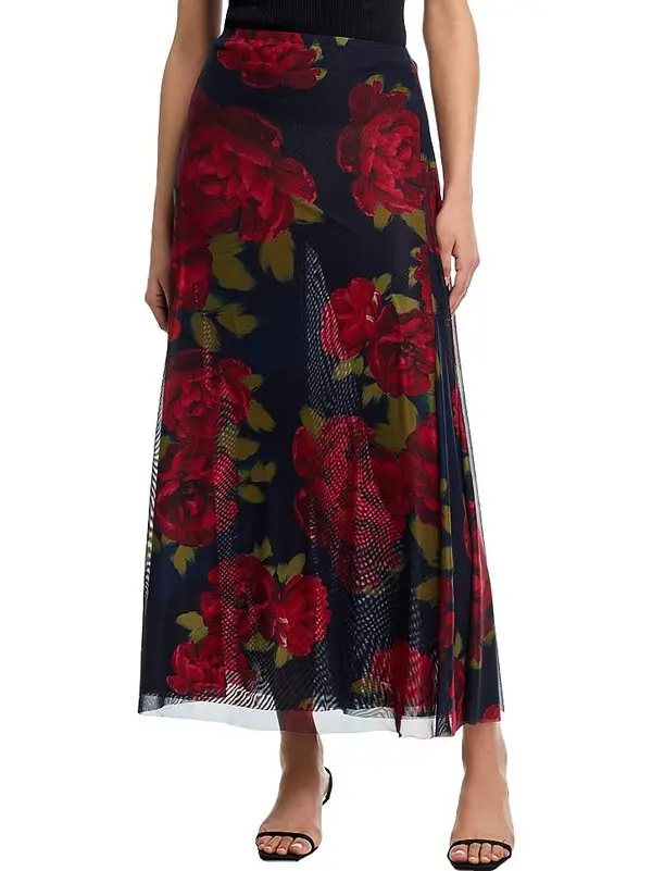 Aqua Mesh Floral Maxi Skirt - Navy/red