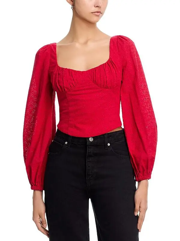 Aqua Embroidered Puff-sleeve Blouse - Red