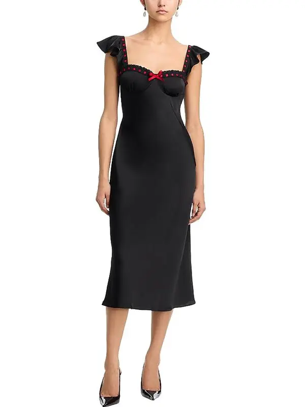 Aqua Bias Cut Flutter Sleeve Midi Dress - Black/red