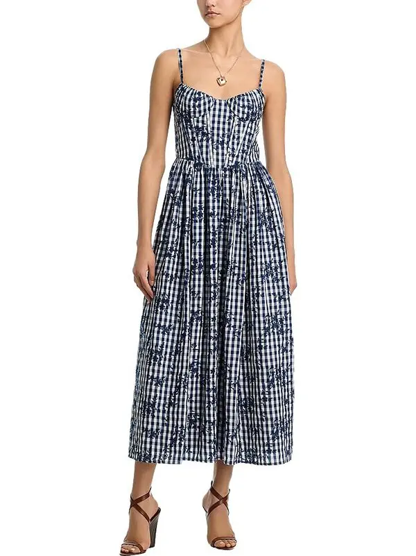 Aqua Embroidered Gingham Dress - Navy/white
