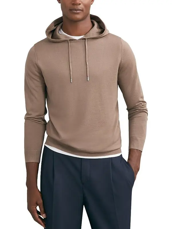 REISS Merino Wool Pullover Hoodie - Camel Brown