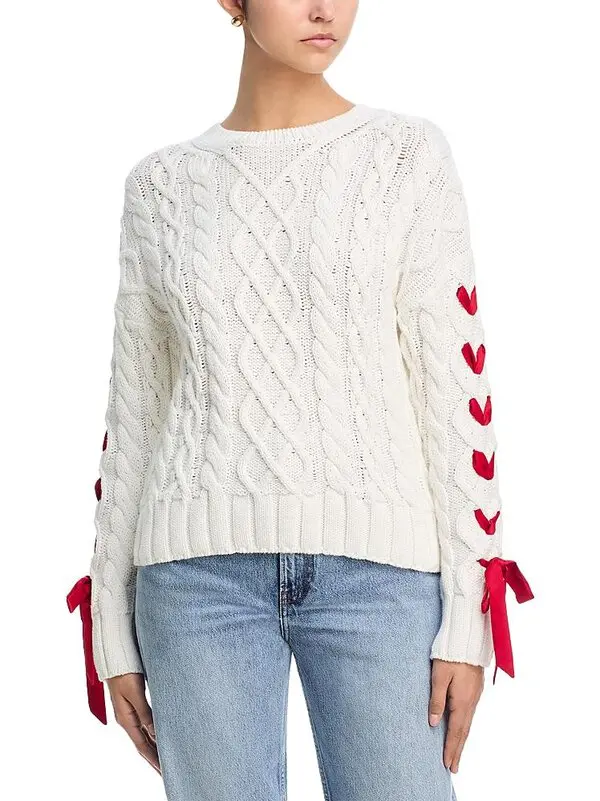 Aqua Cable Knit Sweater With Ribbon Weave Detail - Ivory/red