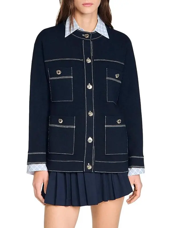 Sandro Contrast Stitch Cardigan - Navy Blue
