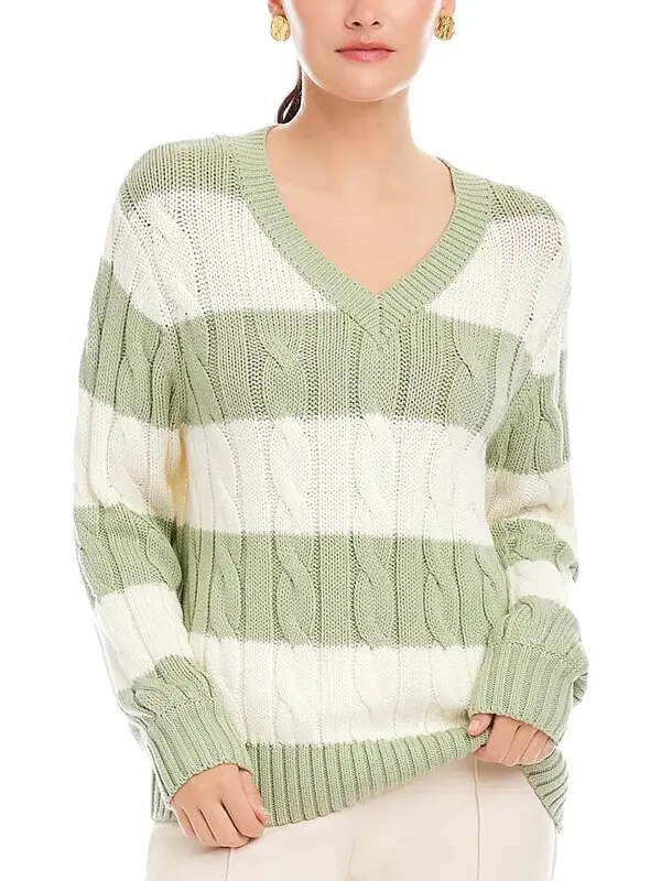 Fifteen Twenty Avalee Stripe Cable Knit Sweater - Sage/ Cream