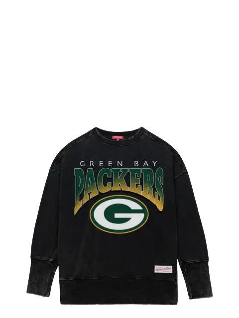 Mitchell & Ness Green Bay Packers Delineate Mineral Wash Crewneck Sweatshirt - Black