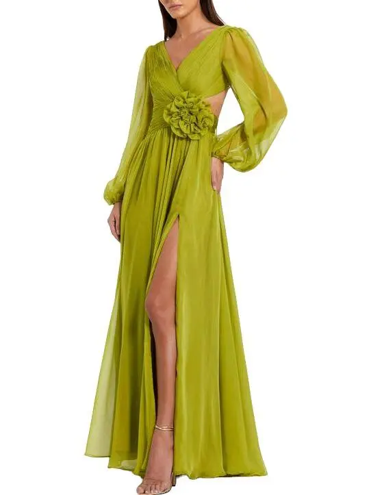 Mac Duggal Long Sleeve V-neck Gown With 3d Flower - Apple Green