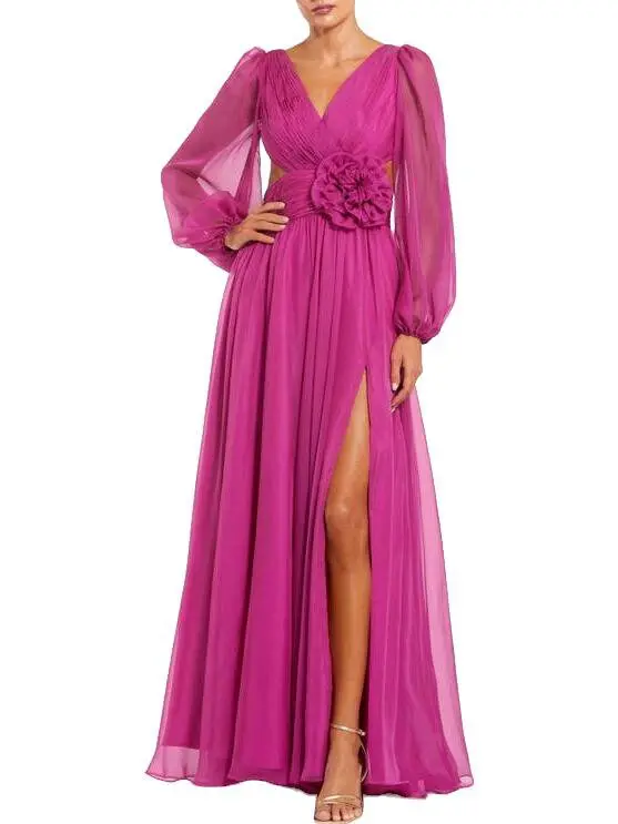 Mac Duggal Long Sleeve V-neck Gown With 3d Flower - Magenta
