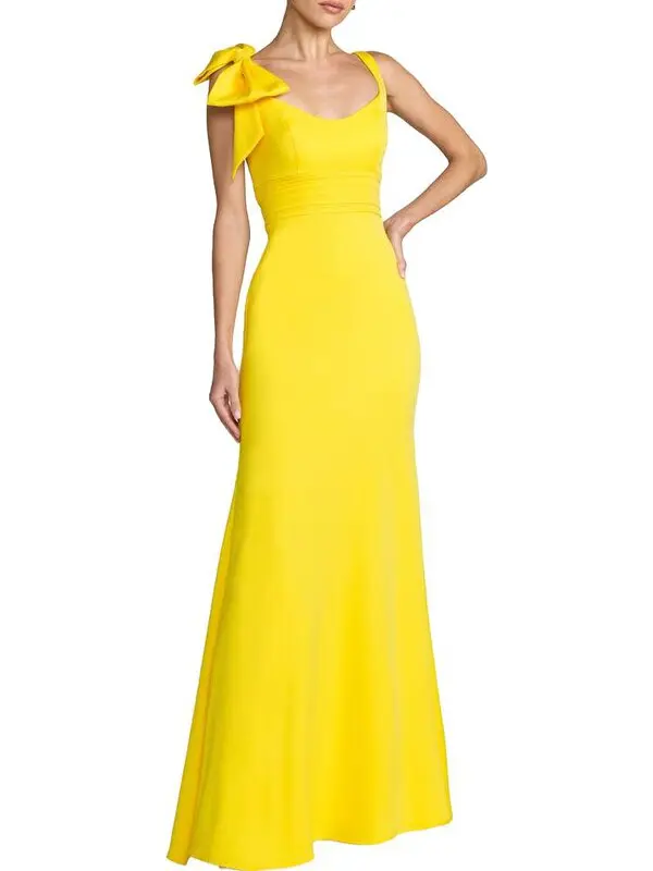 Mac Duggal Crepe Sleeveless Gown With Bow - Lemon
