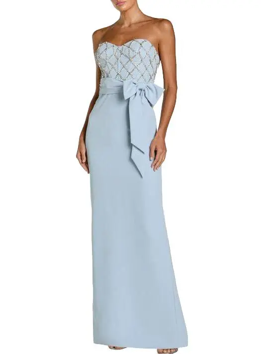 Mac Duggal Strapless Crepe Embellished Bustier Gown With Bow - Powder Blue