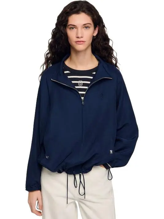 Sandro Oversized Jacket With Embroidered Logo - Navy Blue