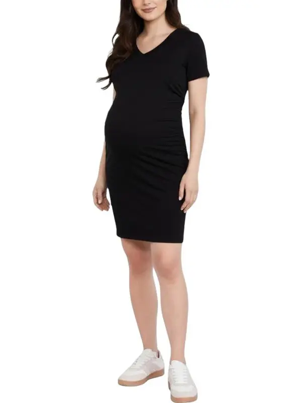 Motherhood Maternity V-neck Mini Dress With Ruching - Black