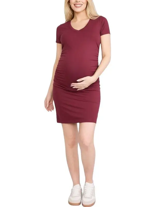 Motherhood Maternity V-neck Mini Dress With Ruching - Mauve Wine