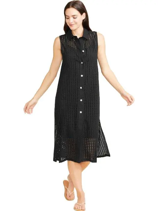 SITANO Sofia Sleeveless Eyelet Shirtdress With Slip - Black