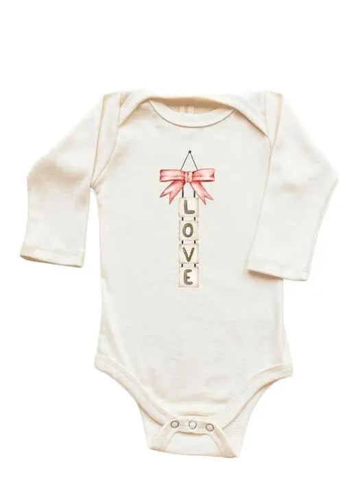 TENTH & PINE Love Blocks Bow Organic Baby Bodysuit Long Sleeve - Natural