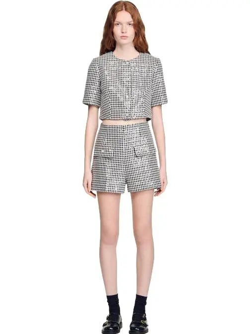 Sandro Sequin Houndstooth Tweed Hot Pants - Black/white