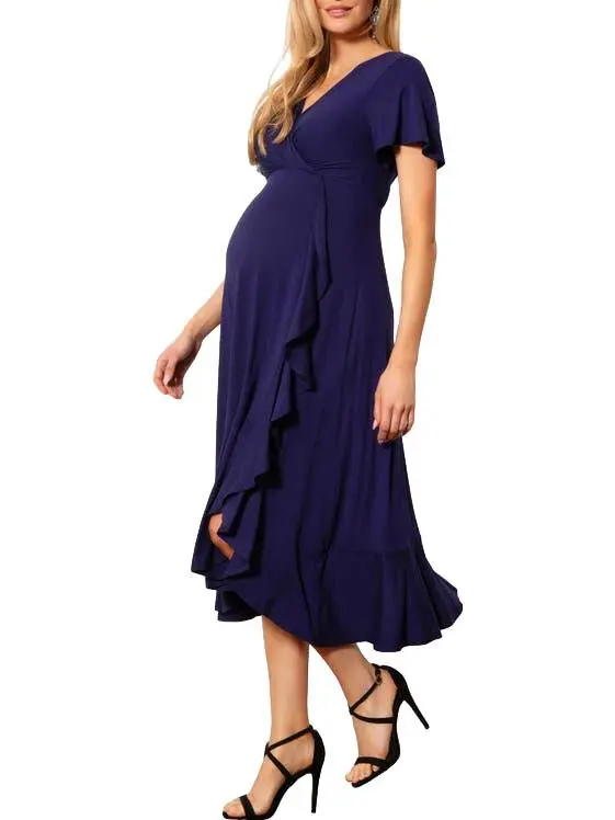 TIFFANY ROSE MATERNITY Nursing Midi Dress With Ruffled Waterfall Hem - Eclipse Blue