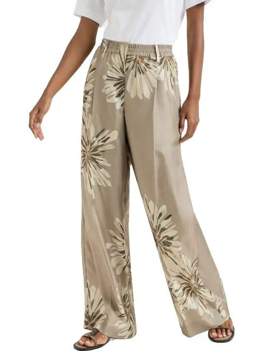 Brunello Cucinelli Floral Print Pongee Trousers - Khaki