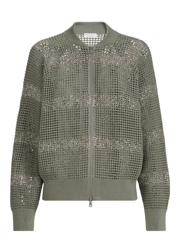 Brunello Cucinelli Striped Openwork Knit Cardigan - Khaki
