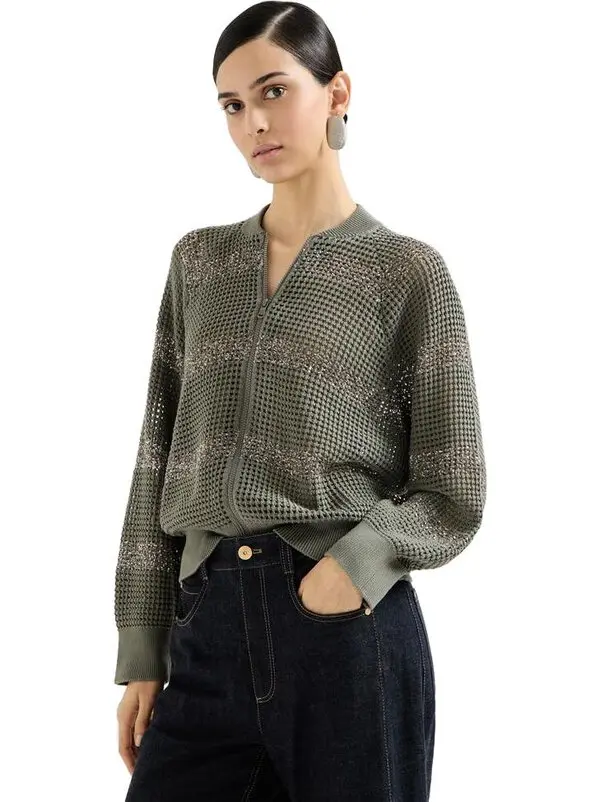 Brunello Cucinelli Striped Openwork Knit Cardigan - Khaki