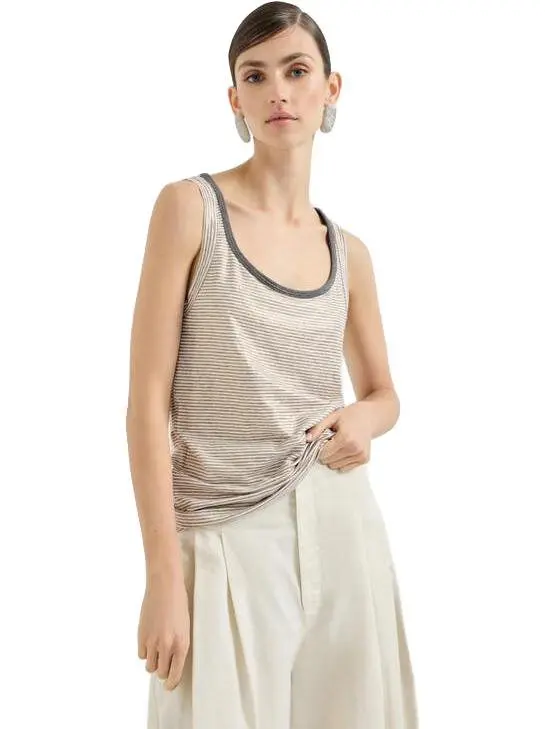 Brunello Cucinelli Striped Jersey Top With Monili - Brown