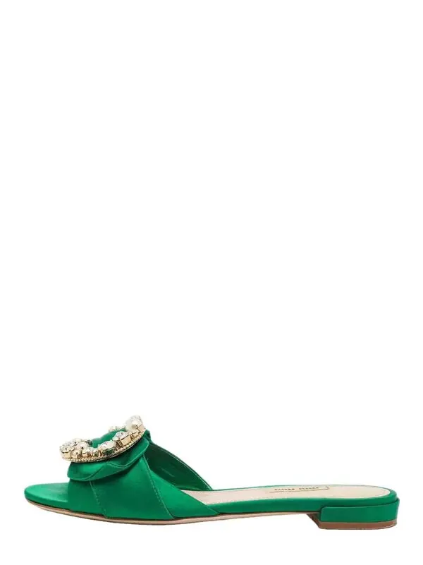Miu Miu Satin Crystal-embellished Flat Sandals - Green