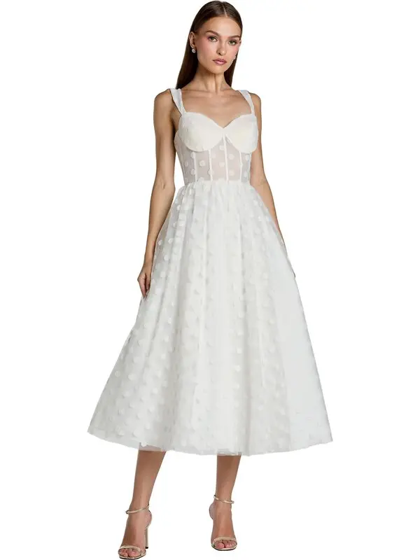 Mac Duggal Polka Dot Tulle A-line Midi Dress - White