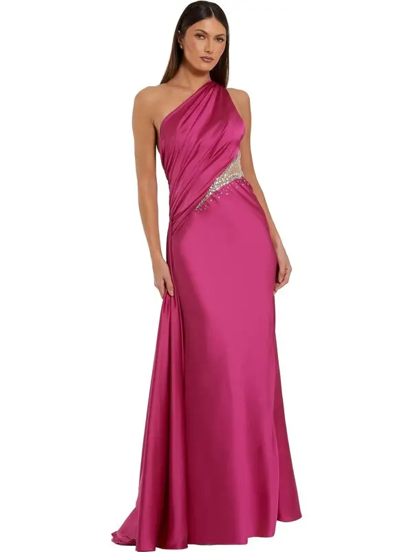 Mac Duggal One-shoulder Charmeuse Gown With Beaded Cutout - Pink