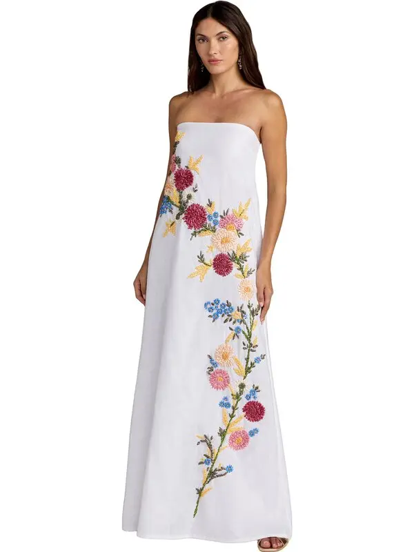 Mac Duggal Strapless Floral Embroidered Linen Gown - White Multi