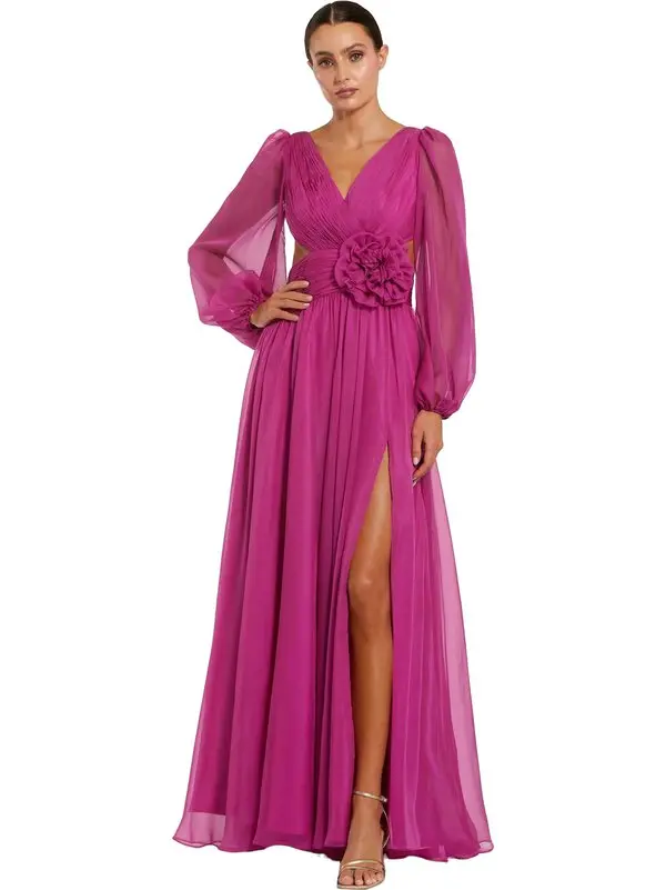 Mac Duggal Long Sleeve V-neck Chiffon Gown With 3d Flower - Magenta