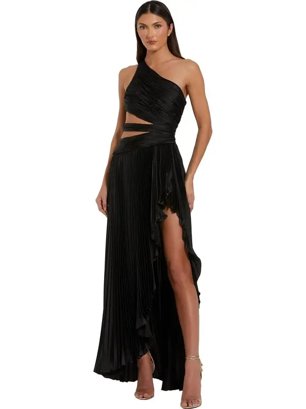 Mac Duggal One-shoulder Pleated Charmeuse Gown With Slit - Black