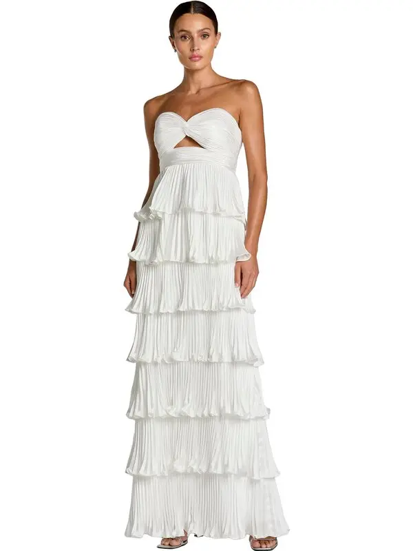 Mac Duggal Pleated Charmeuse Strapless Tiered Ruffle Gown - White