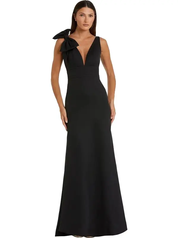 Mac Duggal Petite Sleeveless V-neck Bow Detail Mermaid Gown - Black