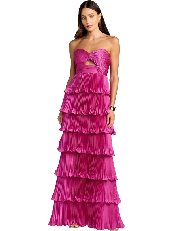 Mac Duggal Petite Pleated Charmeuse Strapless Tiered Ruffle Gown - Pink